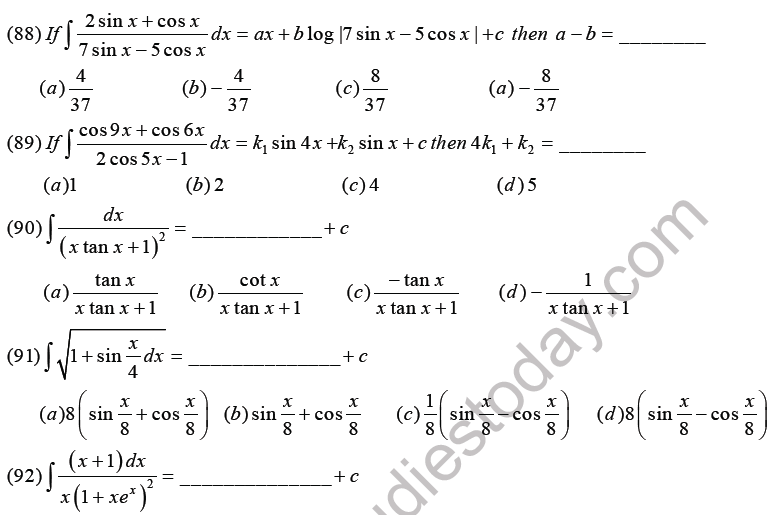 JEE Mathematics Indefinite Integrals MCQs Set C with Answers